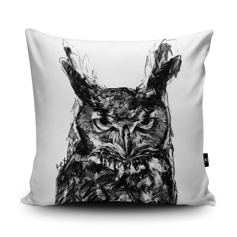Charcoal Owl Pillow by Bex Williams Black and White Owl - Etsy UK