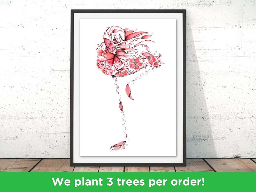 Flamingo Print by Kat Baxter Flowery Flamingo Wall Art Floral Bird Art ...