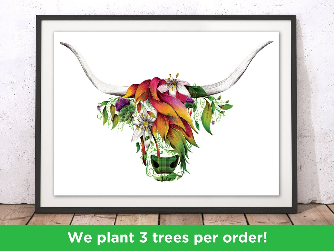 Floral Highland Cow Print, Flowers Highland Coo Art Print, Beautiful ...