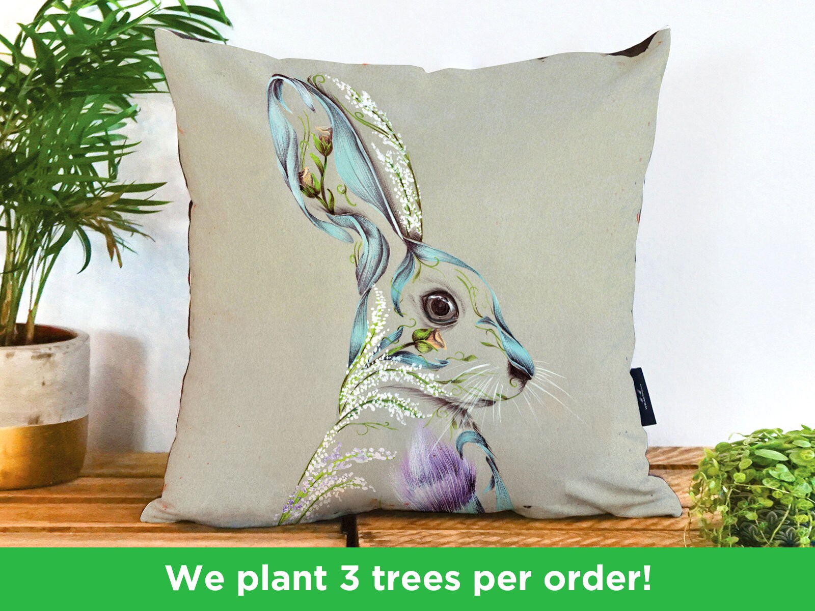 Rustic Floral Rabbit Vegan Cushion by Kat Baxter Hare Pillow - Etsy UK