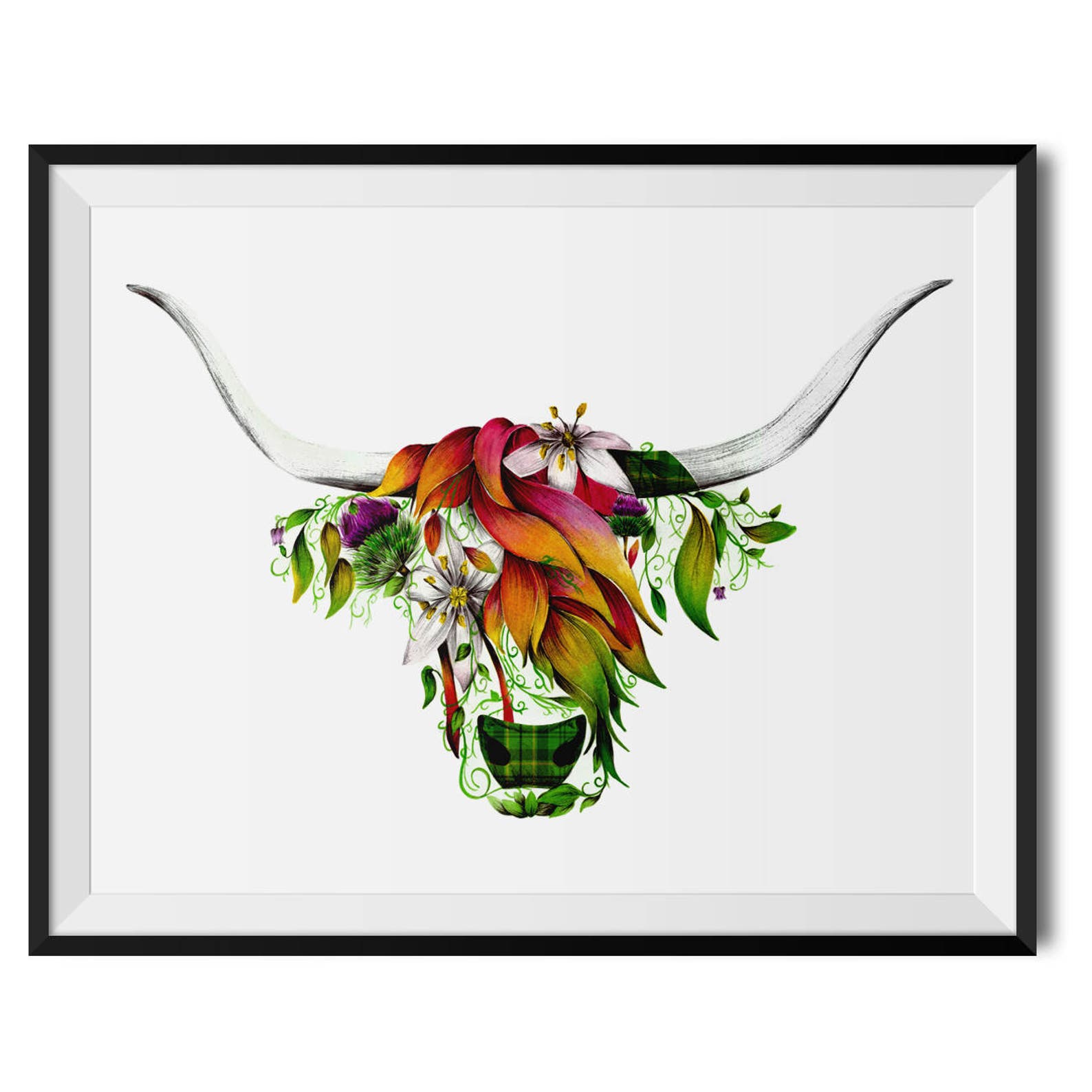 Floral Highland Cow Print Flowers Highland Coo Art Print | Etsy