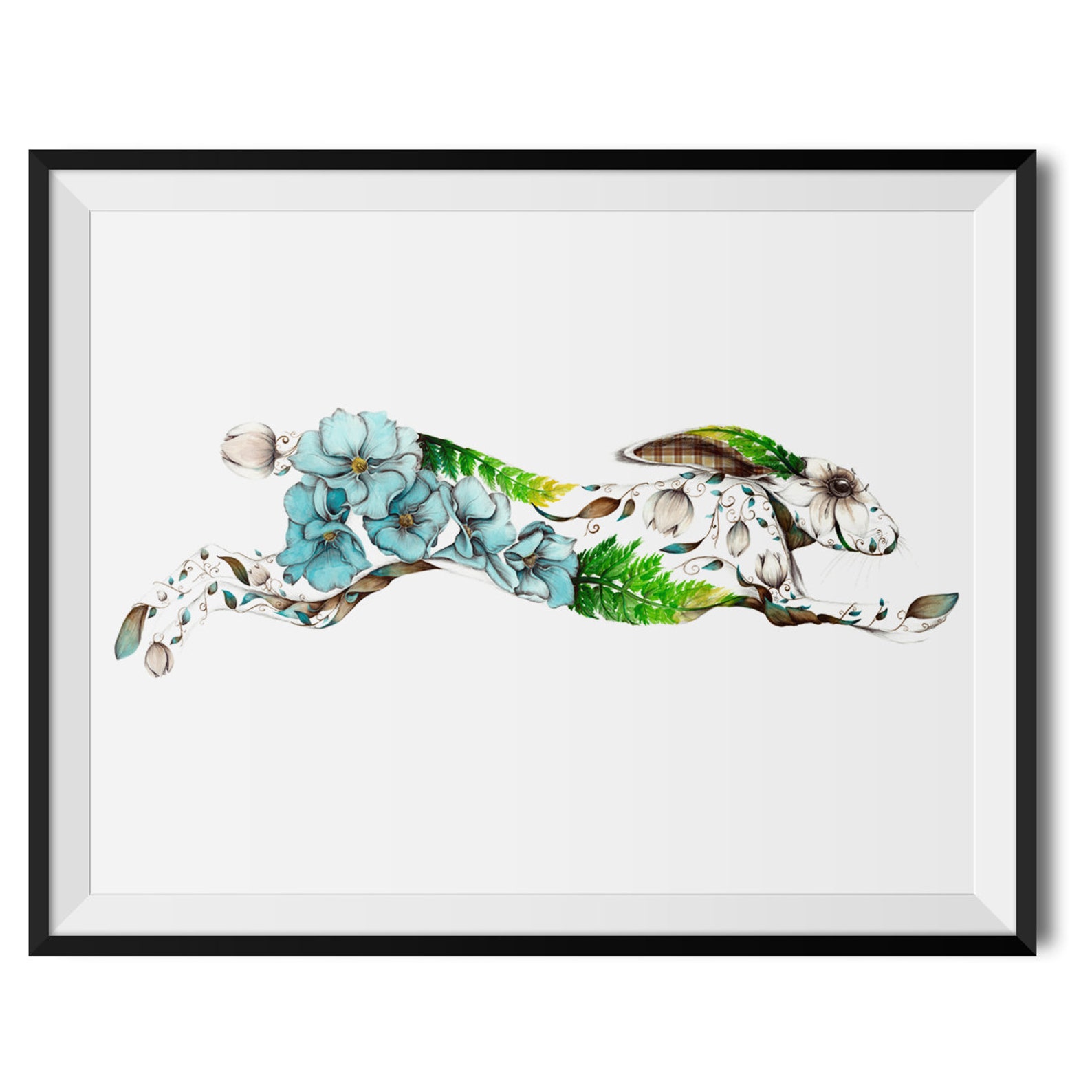 Jumping Hare Print by Kat Baxter Flowery Rabbit Wall Art - Etsy
