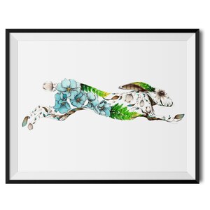 Jumping Hare Print by Kat Baxter Flowery Rabbit Wall Art Floral Hare ...