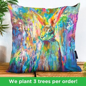 Colourful Hare Painting Vegan Cushion by Sue Gardner Hare Pillow Rabbit ...