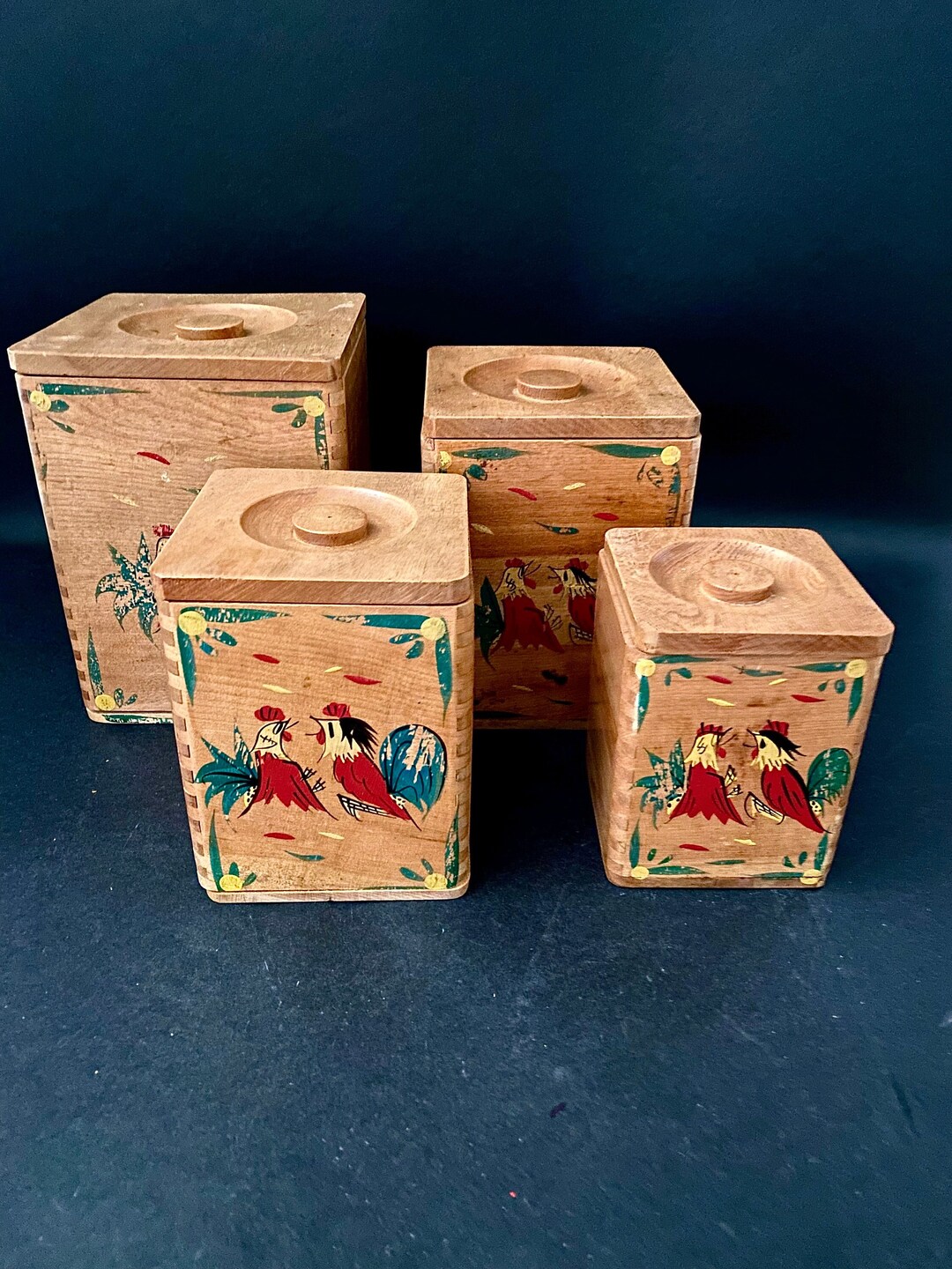 Vintage Rooster Farmhouse Wooden Canister Set Flour Sugar Coffee Tea ...