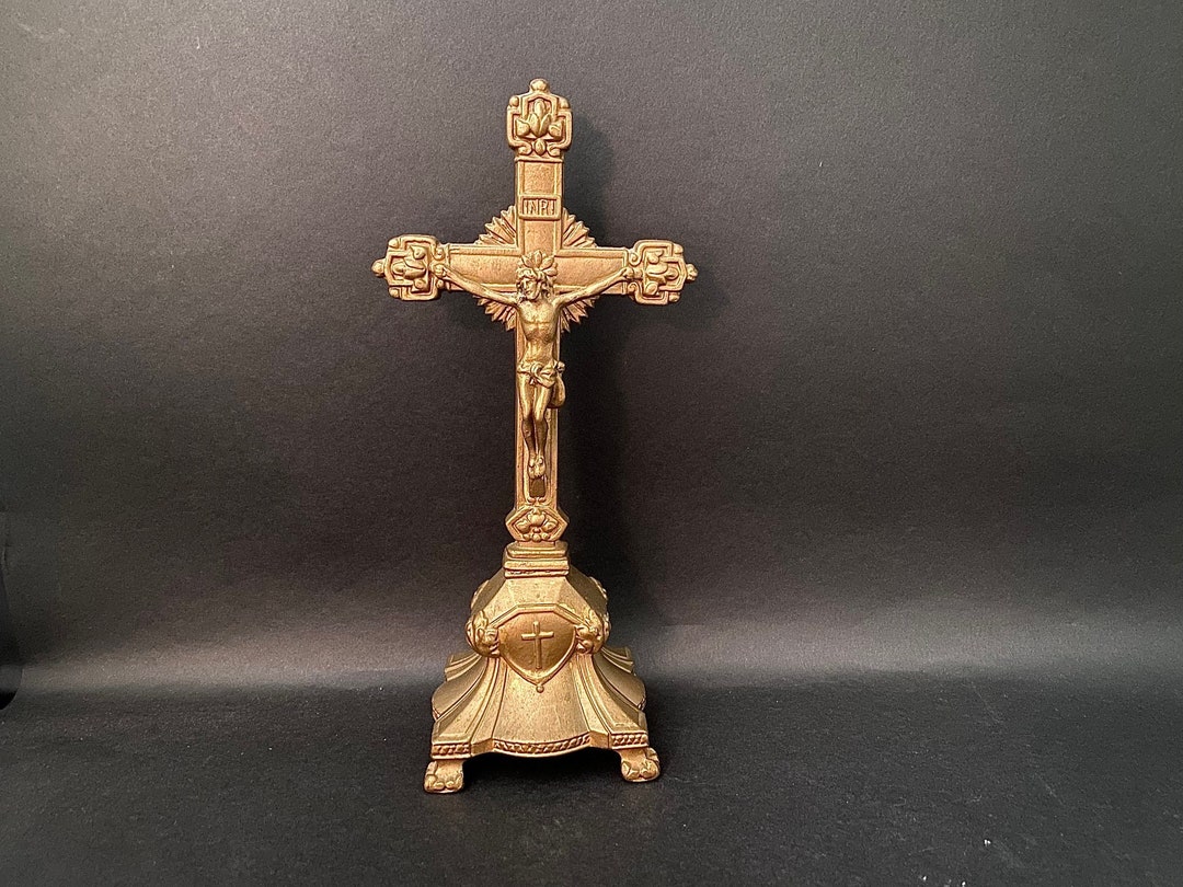 Antique Standing Crucifix INRI Sacred Heart Catholic Altar Ronson AMW ...