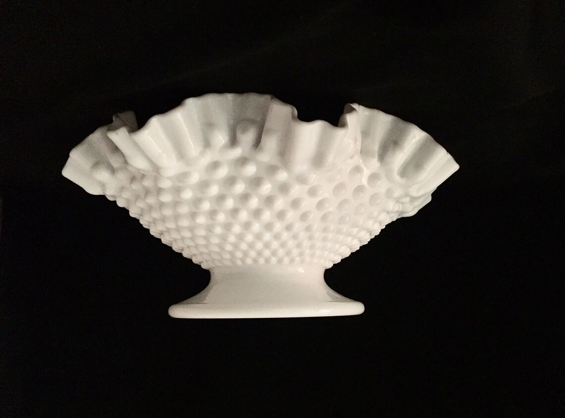 Fenton White Hobnail Crimped 10 1/2 Footed Bowl | Etsy