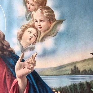 Vintage Large Framed Jesus Sacred Heart and Cherubs Print Antique ...