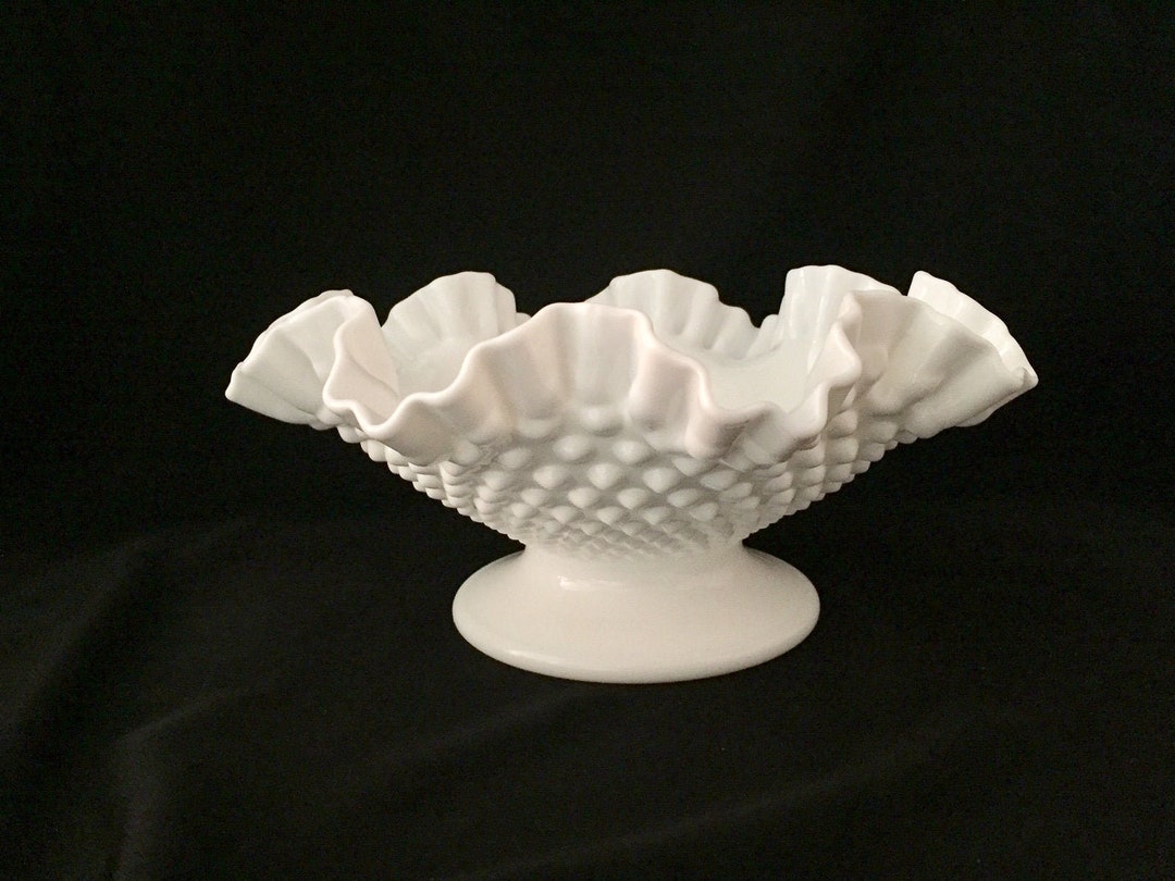 Fenton White Hobnail Crimped 10 1/2 Footed Bowl Collectible Art Glass ...