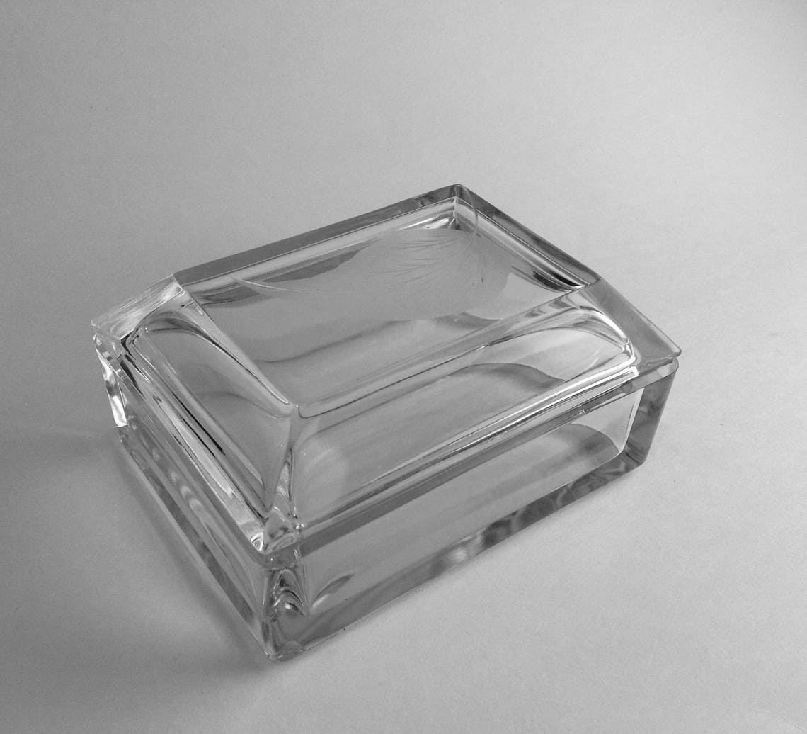 Vintage Heavy Glass Box With Lid Etched Leaf Design Jewelry - Etsy