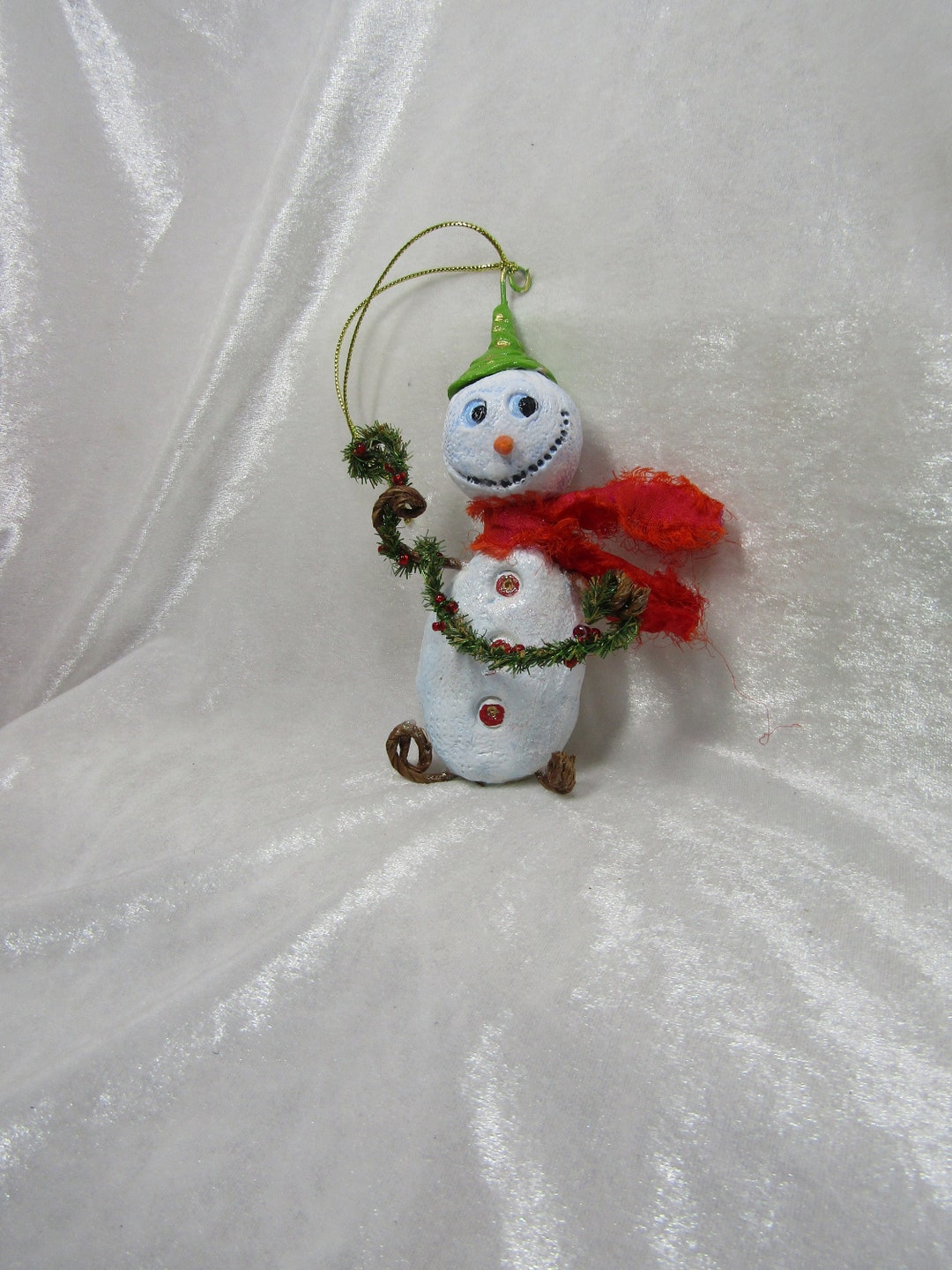 Whimsical Papier Mache Snowman Ornament One-of-a-kind Handmade Original ...