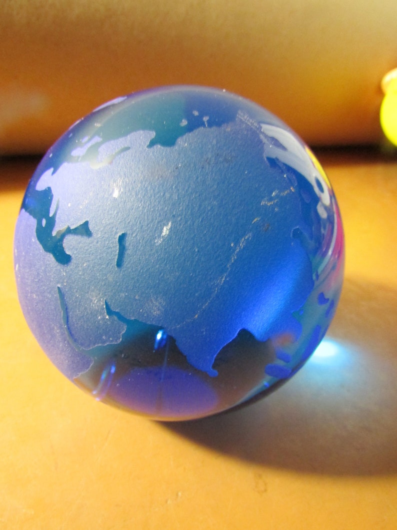 Etched Cobalt Blue World Globe Paperweight Glass Office Decor 3" Free ...
