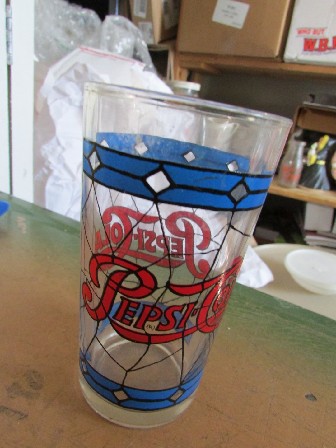 Vintage Pepsi Cola Stain Glass Design Drink Glass 12 Ounce Glass Free ...