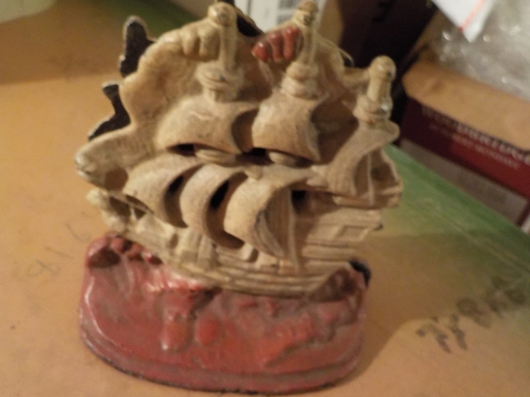 Vintage Cast Iron Set Bookends Door Stops Sail Boat Pilgrims Nautical 5 ...