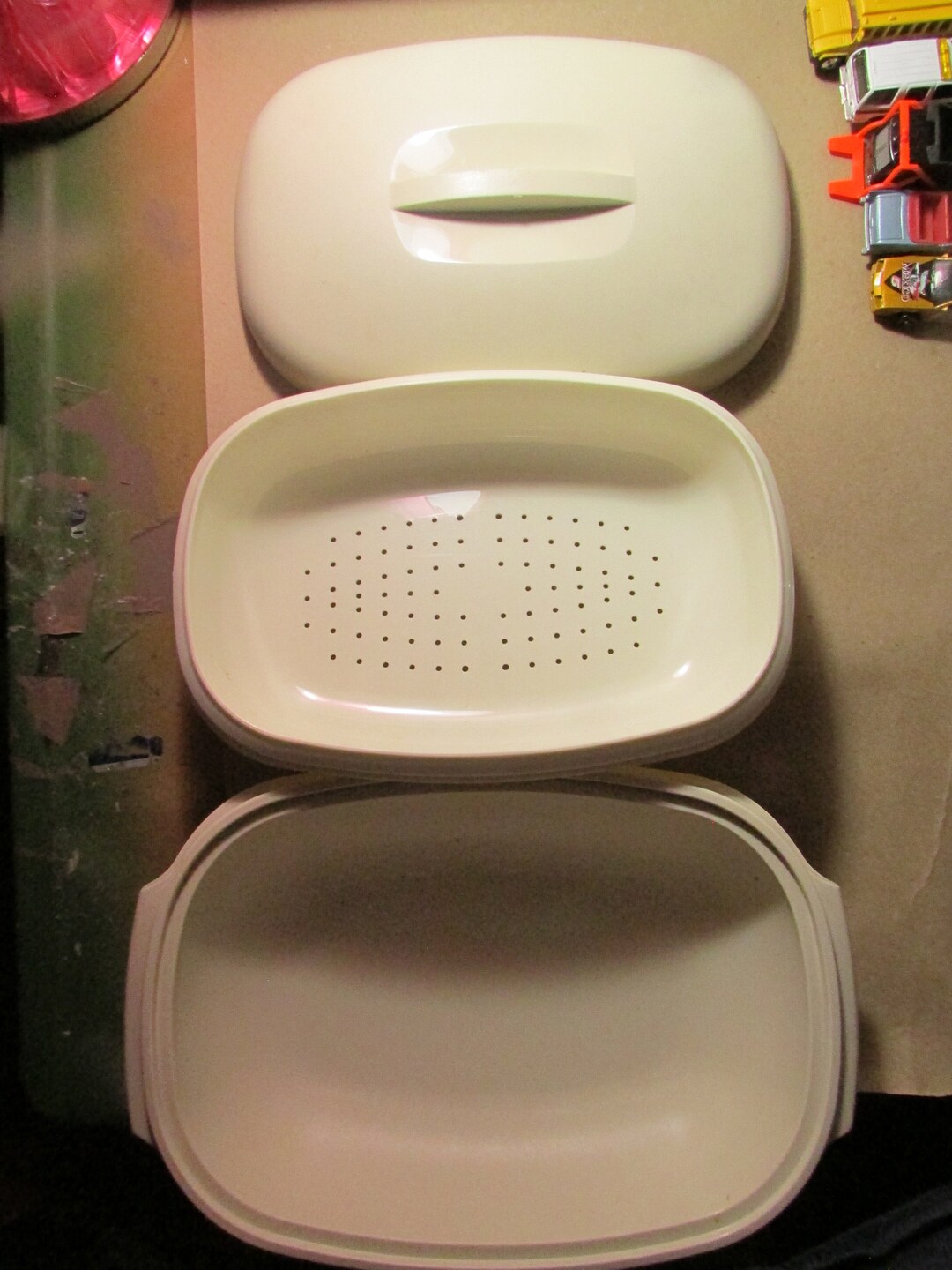 VINTAGE Tupperware 3-piece Vegetable STEAMER Tan 1273-2 1274-8 1275-8 ...