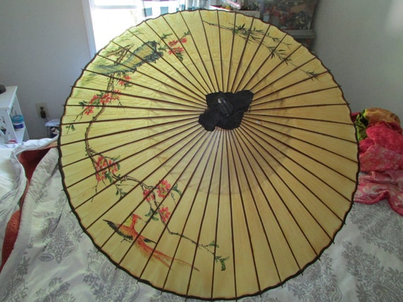 Vintage Parasol Umbrella Rice Paper Asian Japanese Oriental Bamboo Green Flowers Birds 42 Inches Wide Free USA Shipping Etsy