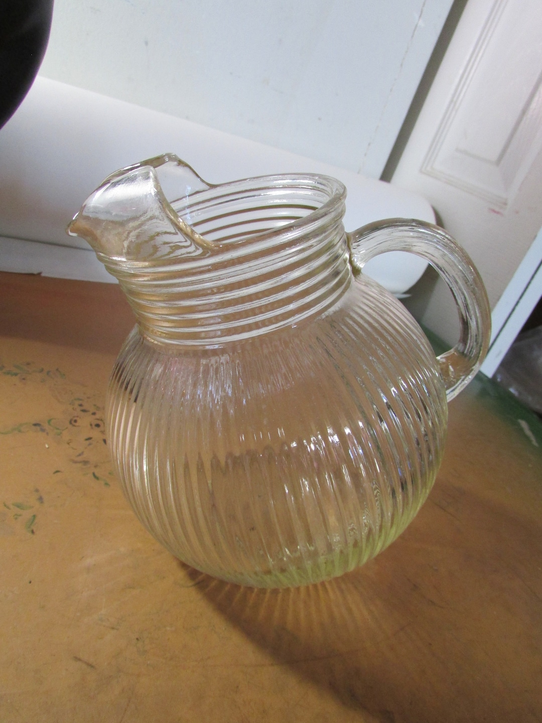 Clear Vintage Large Glass Ribbed Tilt Ball Pitcher Ice Lip Tea - Etsy