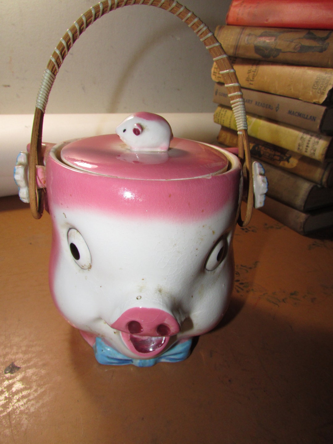 Vintage Porcelain Pig Head Cookie Jar Biscuit Jar With Wicker Handle ...