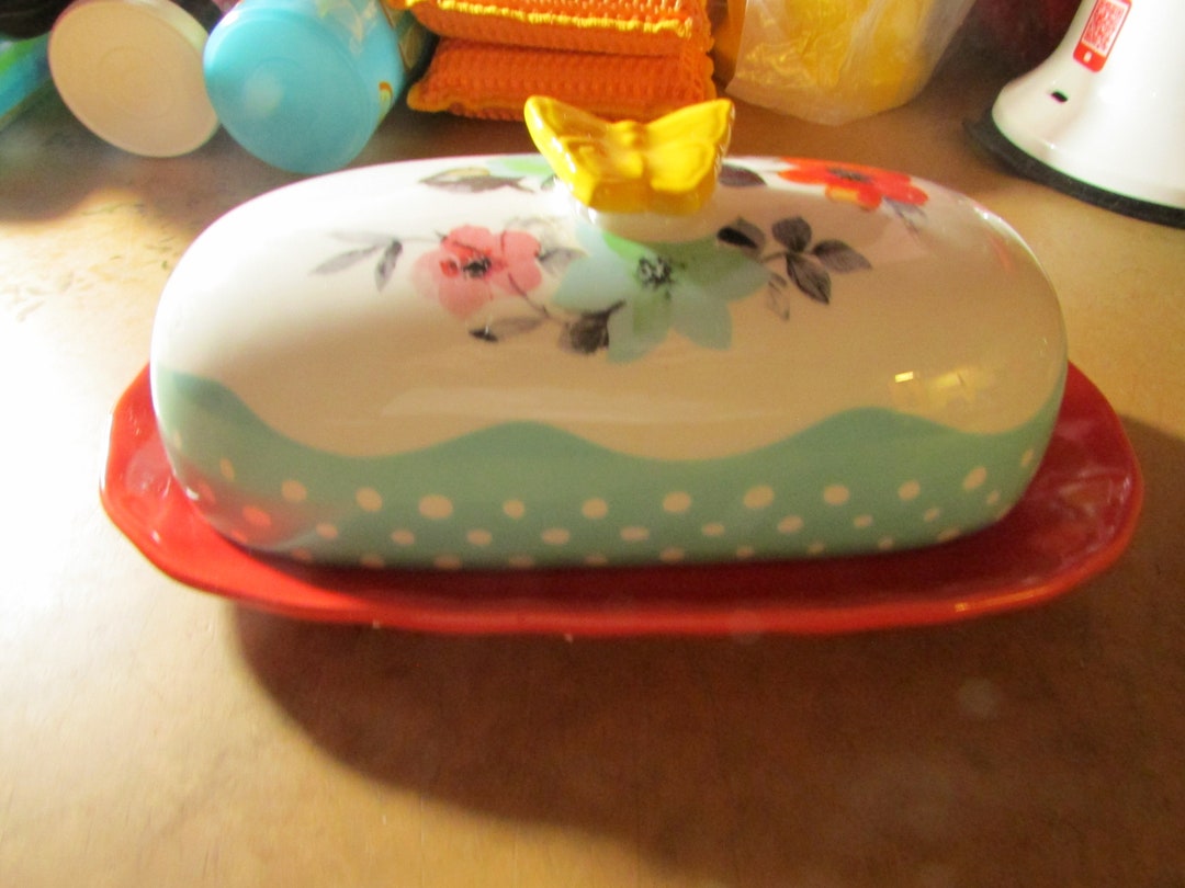 The Pioneer Woman Floral Butterfly Butter Dish Red Ceramic Kitchen Ware ...