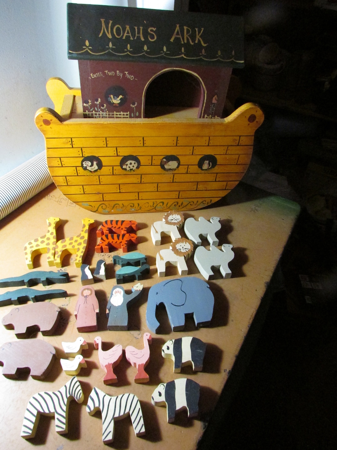 Vintage Folk Art Hand Made Wood Noah's Ark Hand Crafted With Wood ...