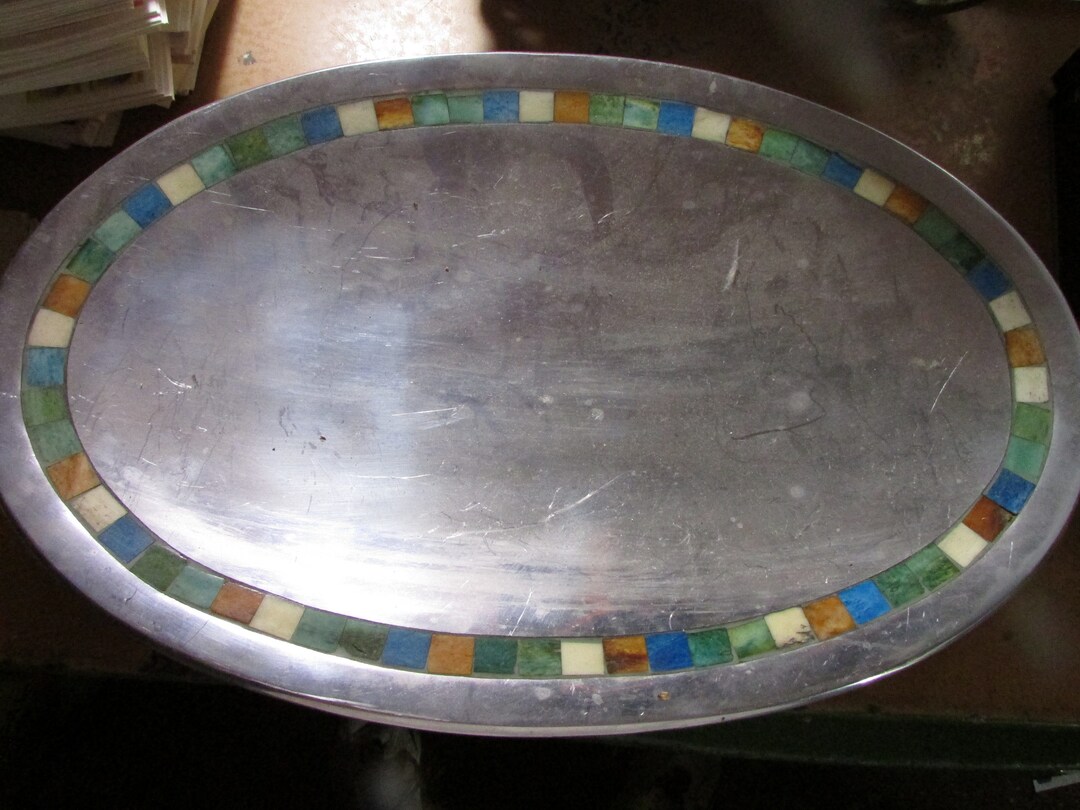 TOWLE Silversmiths Aluminum Serving Platter Mosiac Inlay Baybreeze Free ...