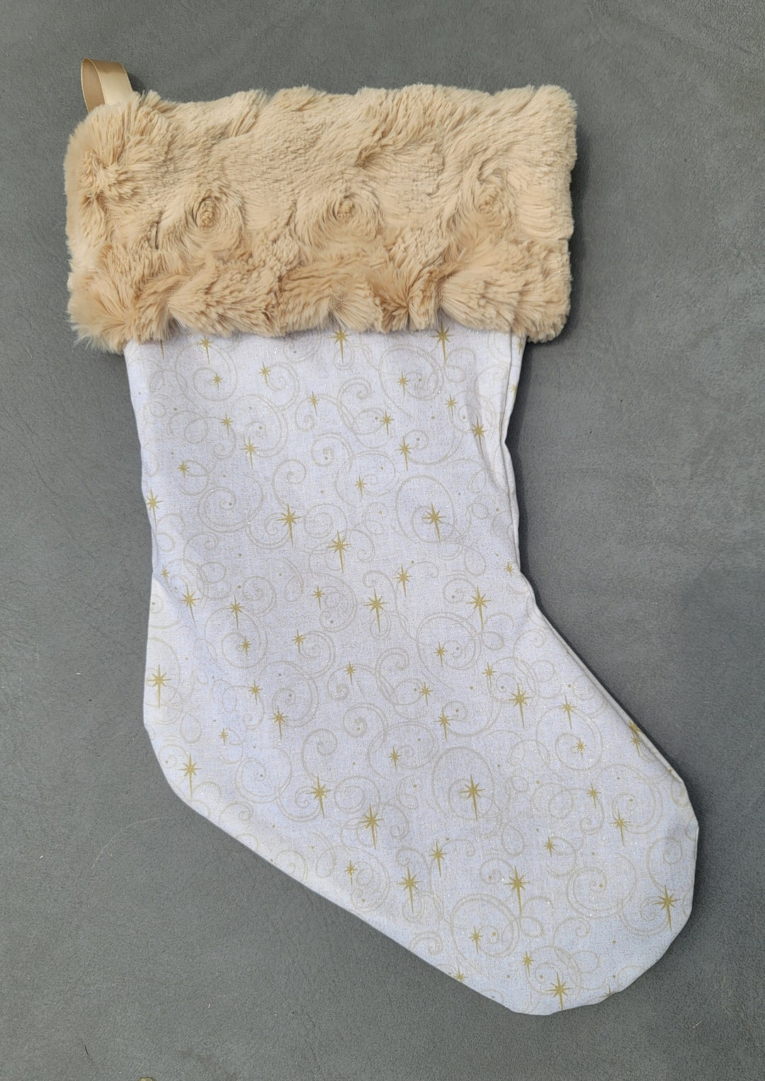 Gold Star, Glitter Tan, Classy, 17 Inch Christmas Stocking With Faux ...