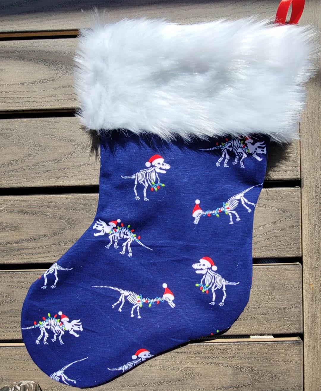 Dinosaur Stocking,,blue and Red , 17 Inch Fully Lined,faux Fur Trim ...