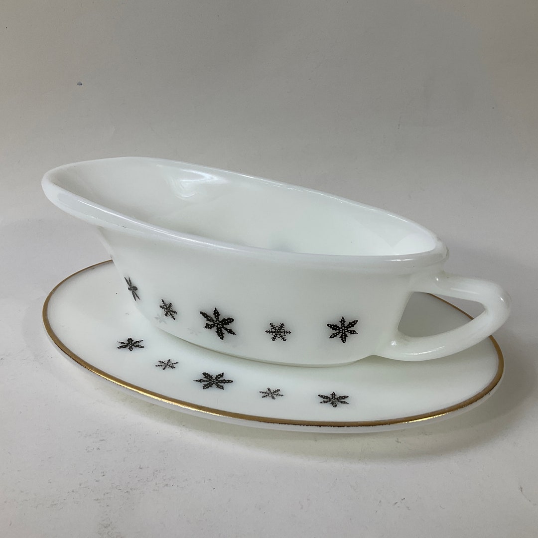 Retro JAJ Pyrex Milk Glass Snowflake Pattern Sauce Boat & Saucer C1960s ...