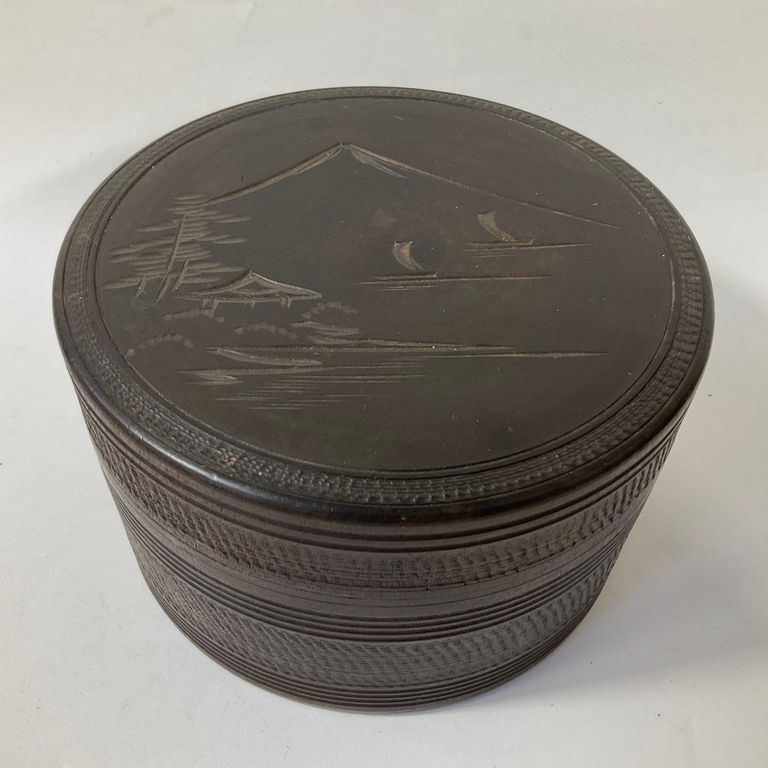 Japanese Mount Fuji Chip Carved Hardwood Tobacco Jar C1950s. Japan Folk ...