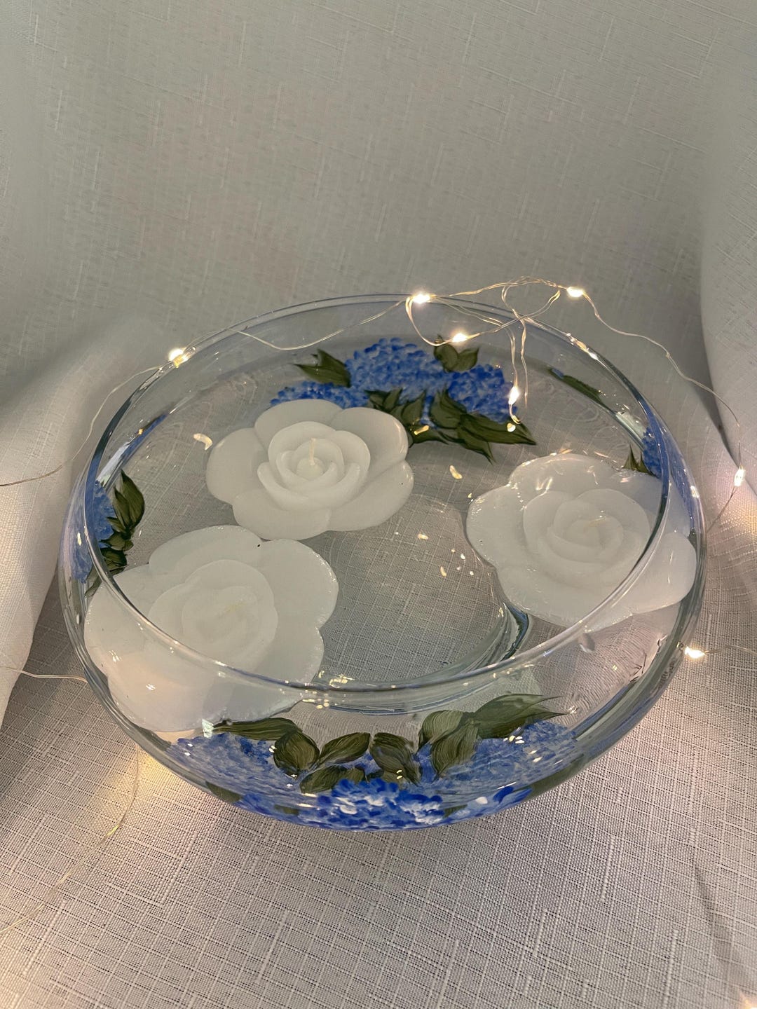 Blue Hydrangeas Flower Design Floating Candles Hand Painted Glass Bowl ...