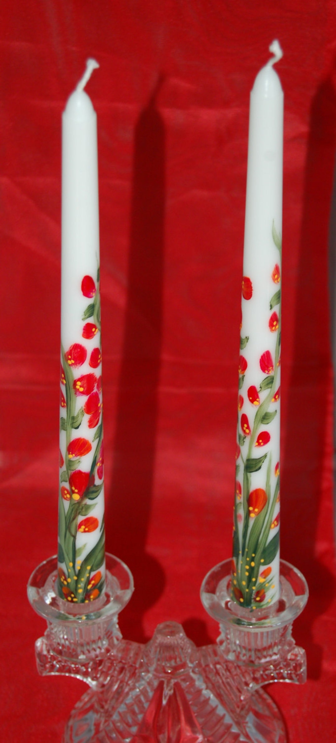Red Floral Design - Pair of Hand Painted Taper Candles - Etsy