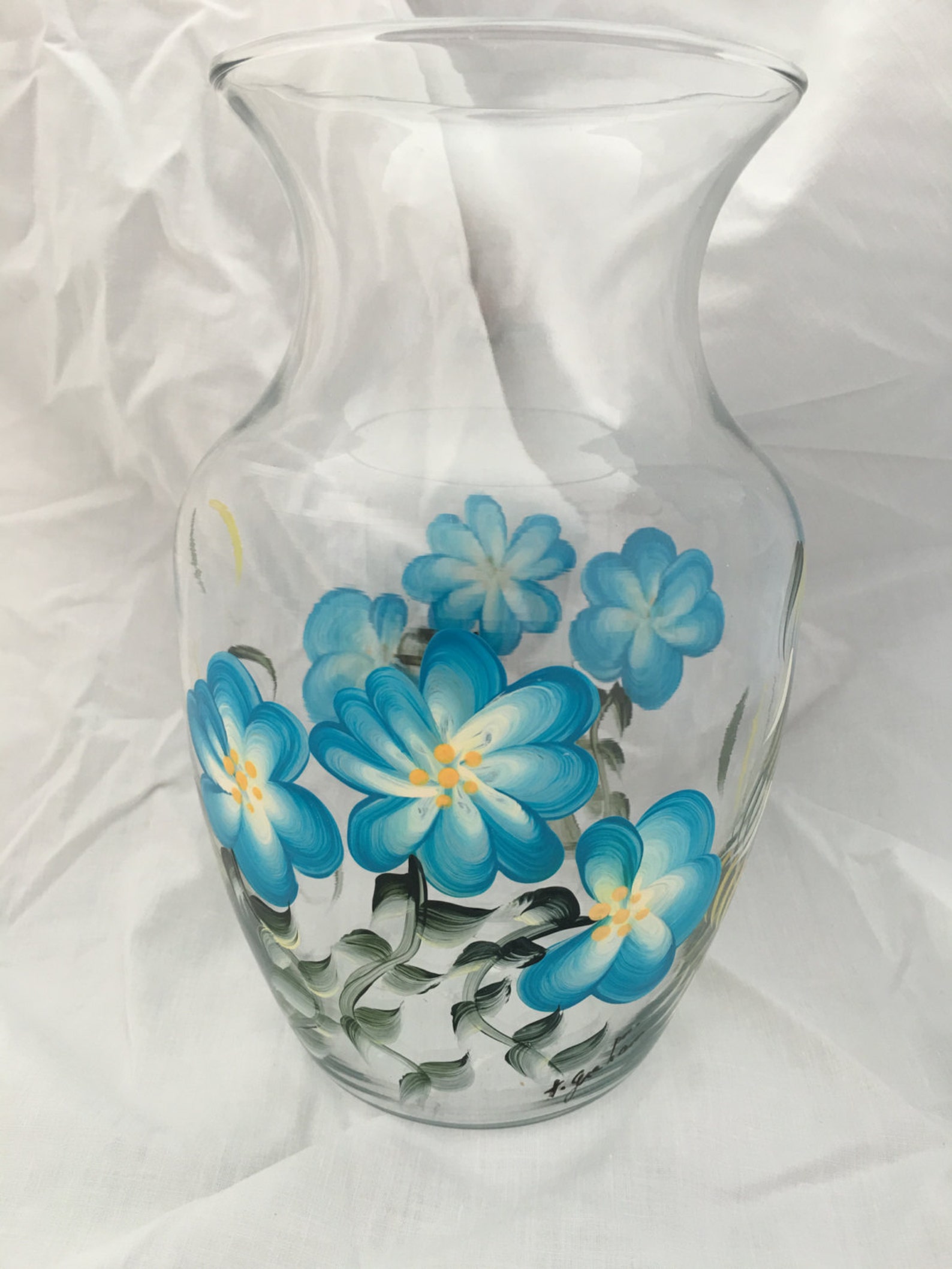 Blue Daisies - Fun Floral Design - Bouquet Hand Painted Vase - Signed ...