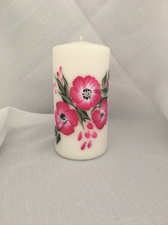 Beautifully Hand Painted Magenta Floral Pillar Candle/Bridal | Etsy