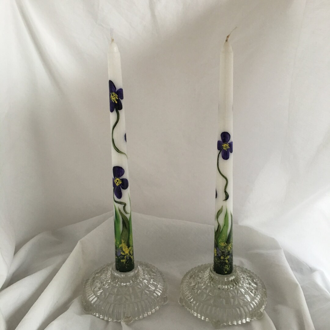 Purple Flowers Hand Painted Pair of Taper Candles - Etsy
