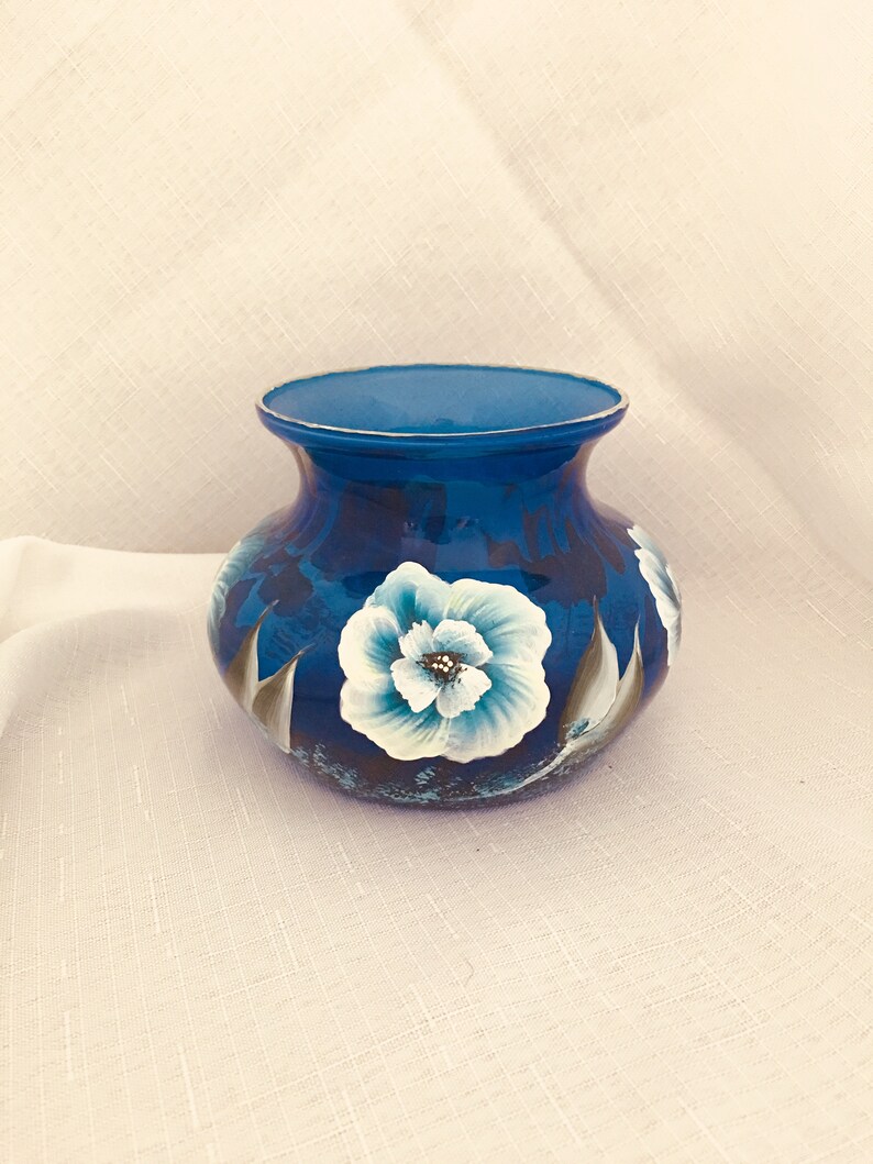 Deep Blue Ivy Vase Floral Design Hand Painted - Etsy