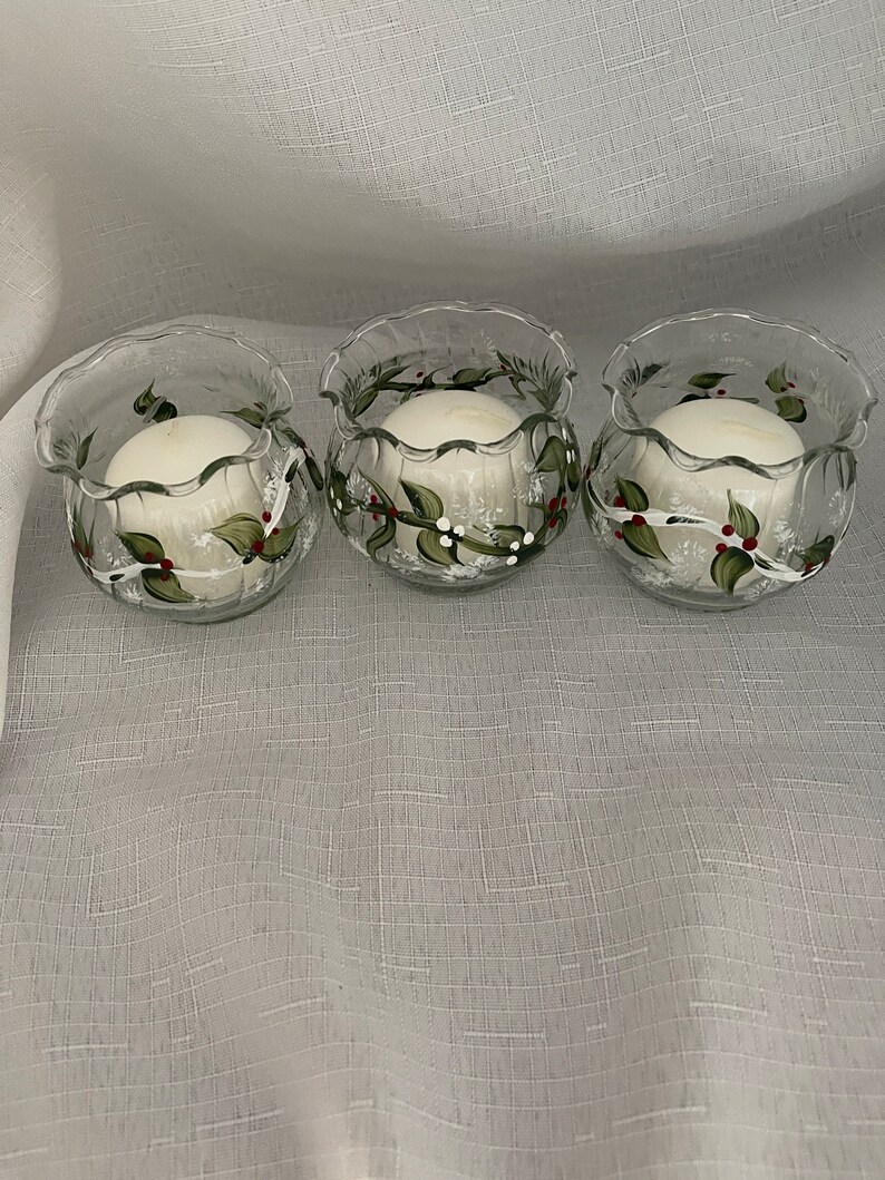 Set of 3-festive Holly Vine Design-scalloped Votive Glass Candle ...