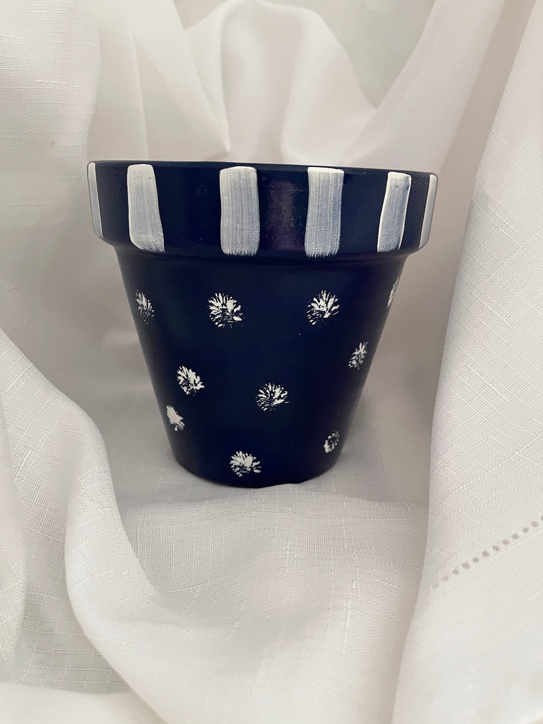 Deep Blue/white Design Flower Pot With Matching Saucer/spring/summer ...