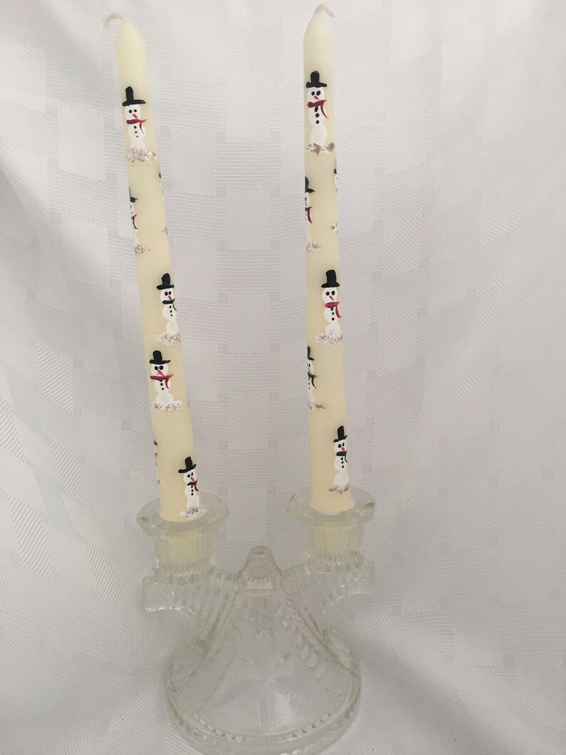 Winter-holiday Fun Snowman Design - Ivory Taper Candles-hand Painted ...