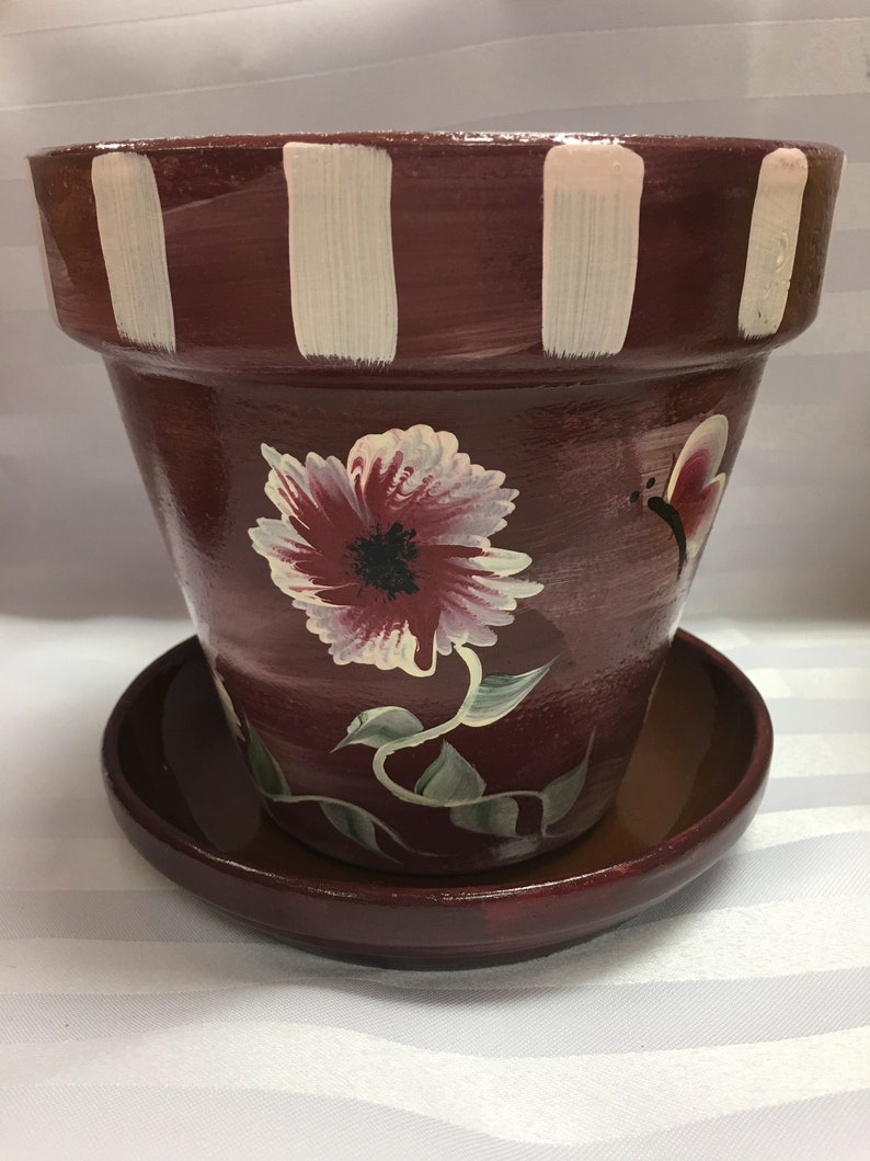 Wine Color Floral Design Flower Pot With Matching Saucer - Etsy