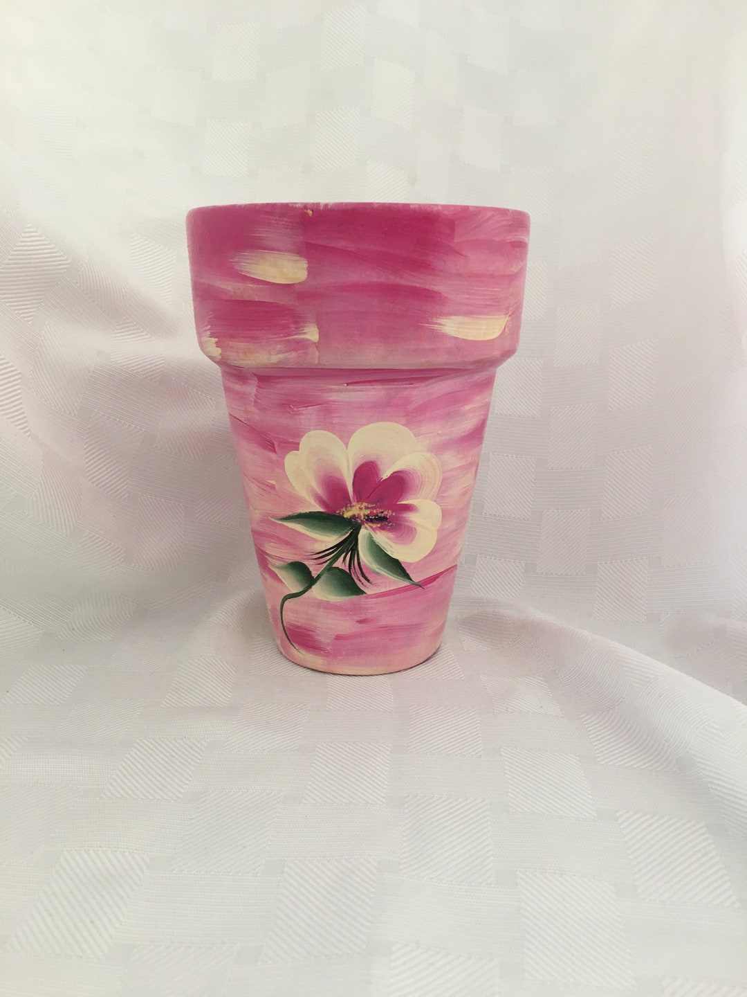 Pink and Ivory Floral Design Glazed Flower Pot/patio Decor/picnic Table ...