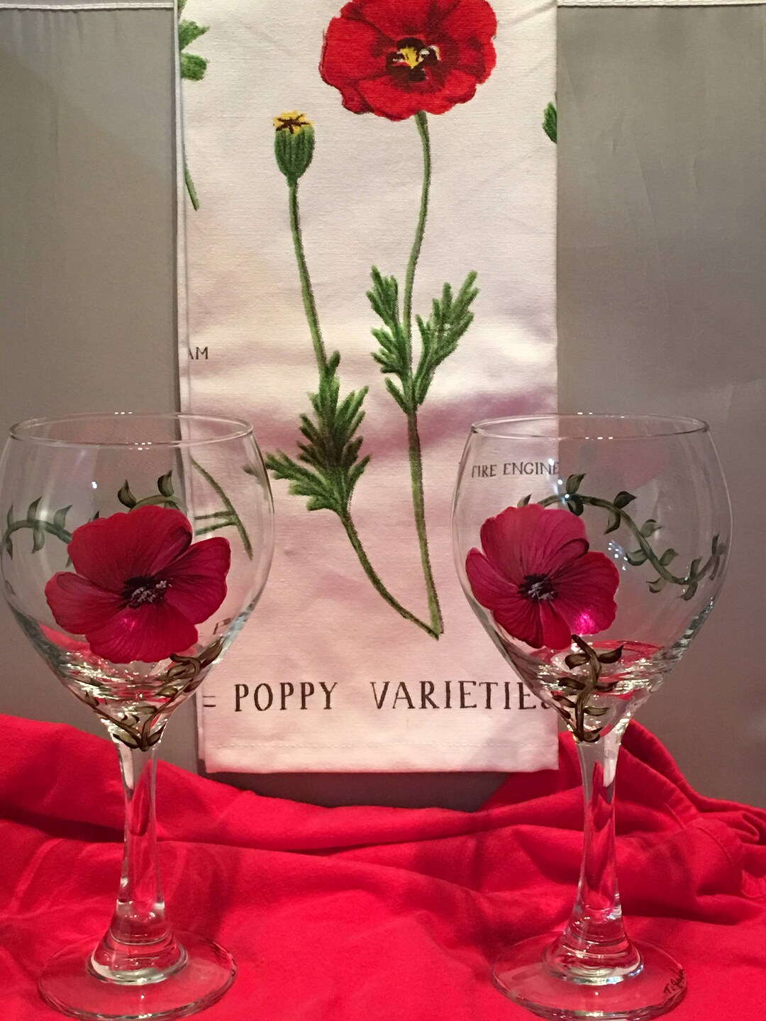 Pair of Pretty Red Poppy Design Wine Glasses-hand Painted-spring/summer ...
