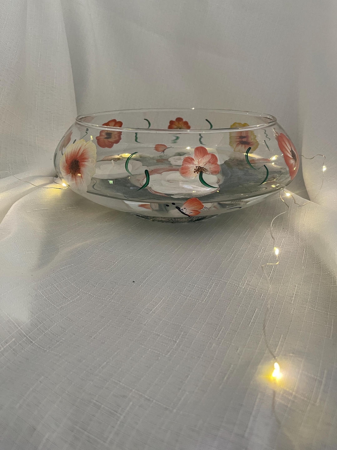 Floating Candles Hand Painted Glass Bowl With Three White Rose Floating ...