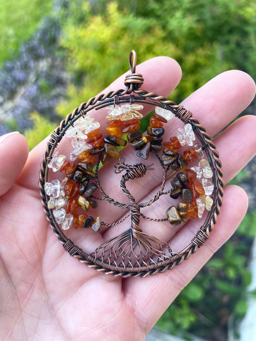 Phoenix Tree of Life Wire Wrapped Pendant Jewelry Amber Citrine Tiger’s ...