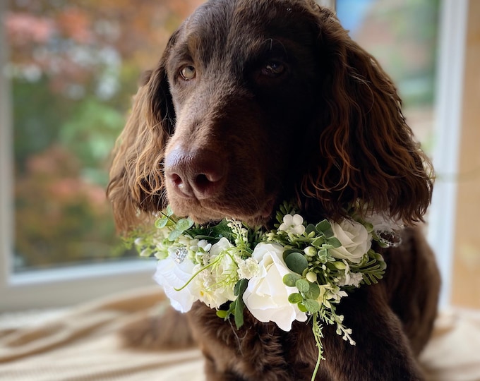Dog Flower Garland,silk Flower Wedding Collar, White Ribbon Sash Neck ...