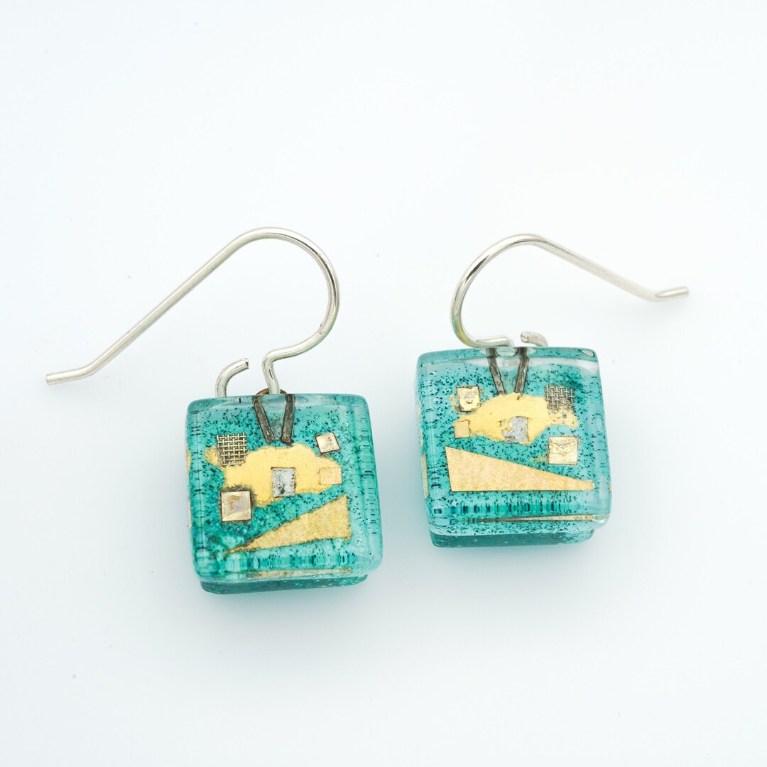 Fused Glass Cube Earrings: Aqua Golden Phase Cubes Klimt Spring Water ...
