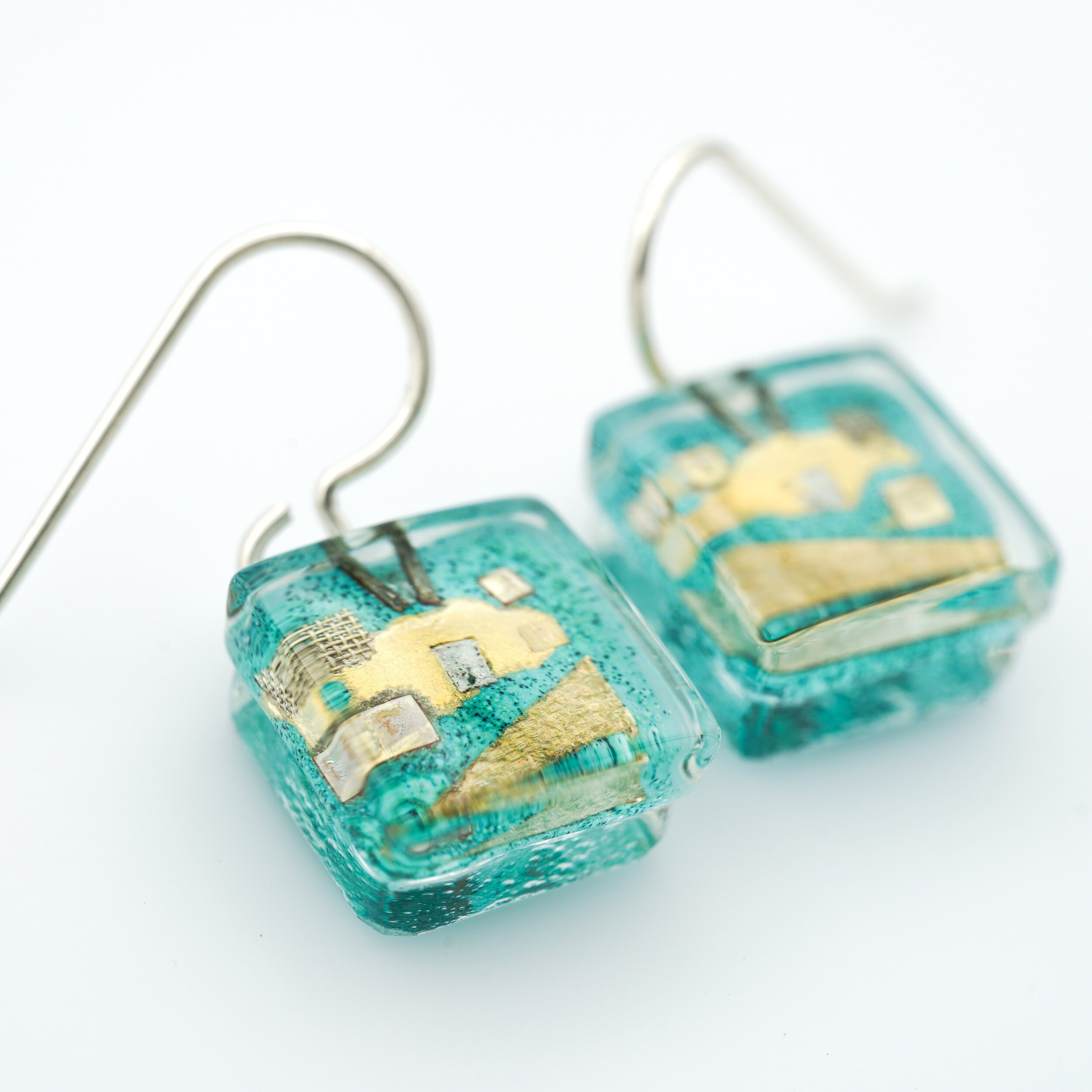 Fused Glass Cube Earrings: Aqua Golden Phase Cubes Klimt | Etsy