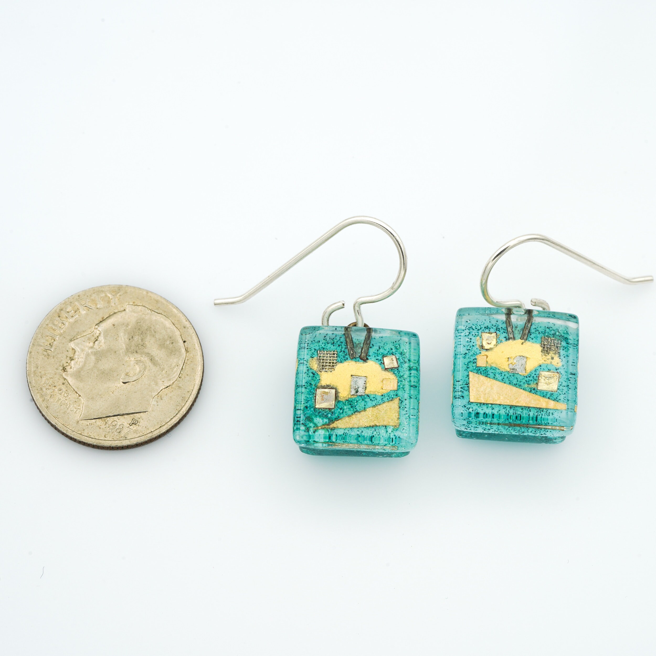 Fused Glass Cube Earrings: Aqua Golden Phase Cubes Klimt | Etsy