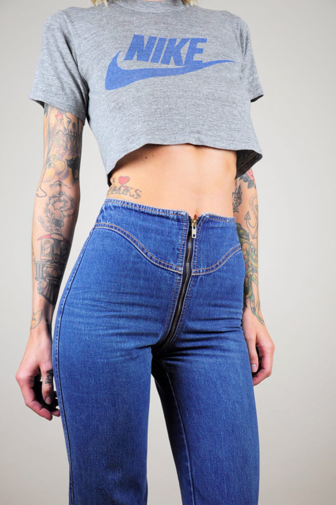 Rare 70s Zipper Crotch Front Dark Denim Flared Jeans Etsy