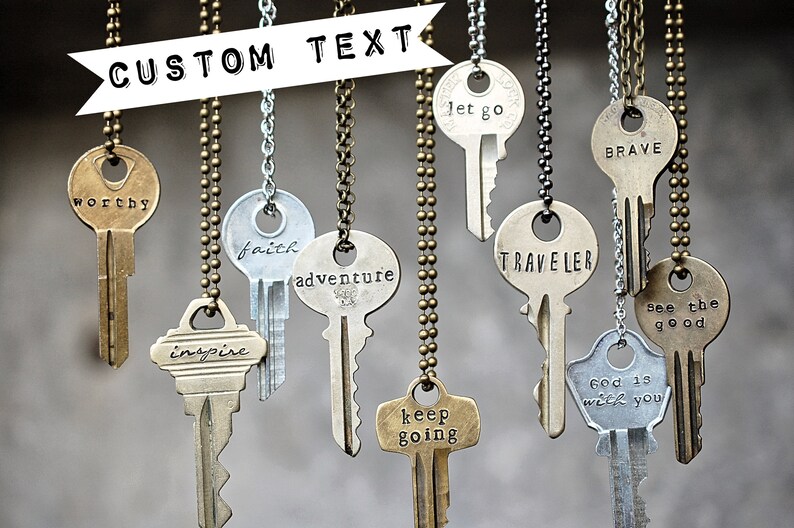 Custom Text Key Necklace Vintage Hand Stamped Giving Key - Etsy