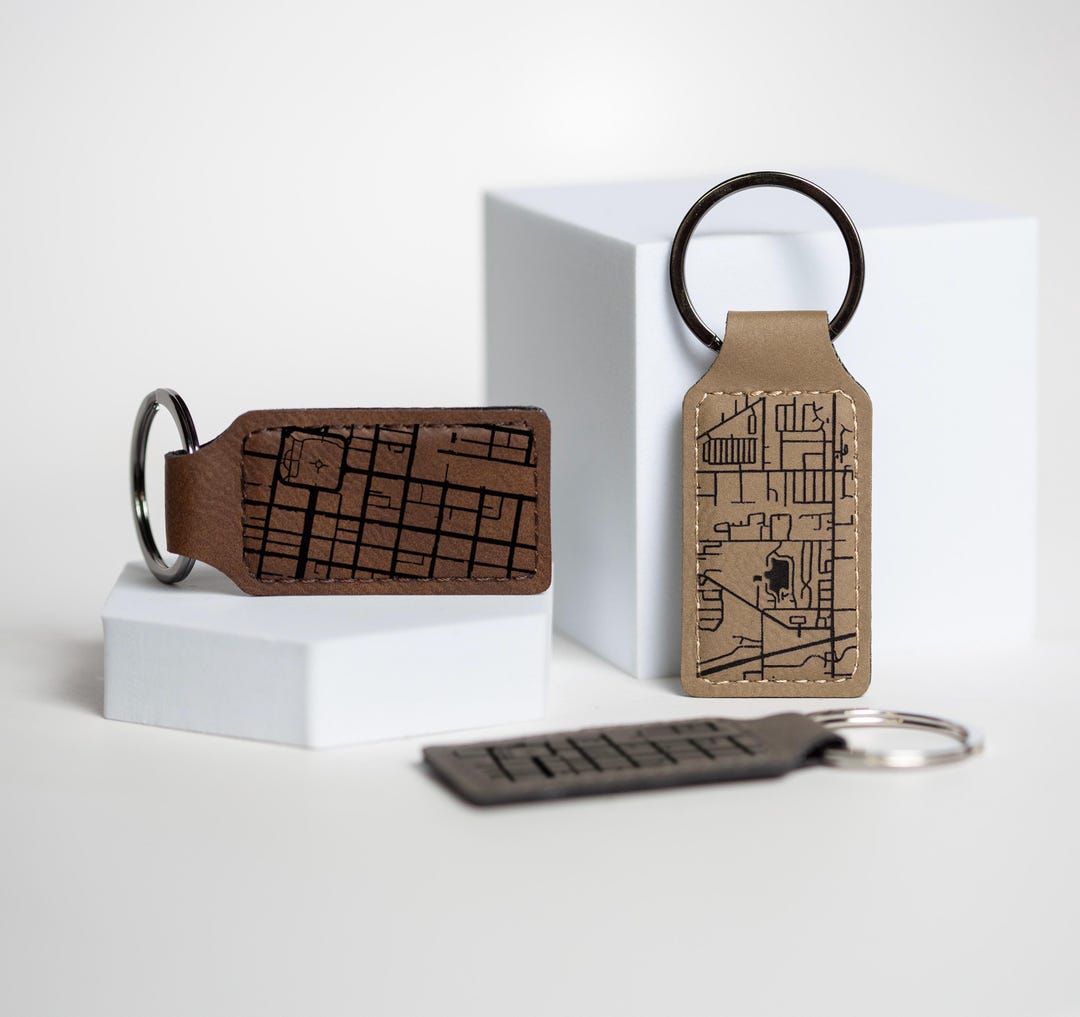 Personalized Map Keychain in Gray or Brown Leatherette, Vegan Leather ...